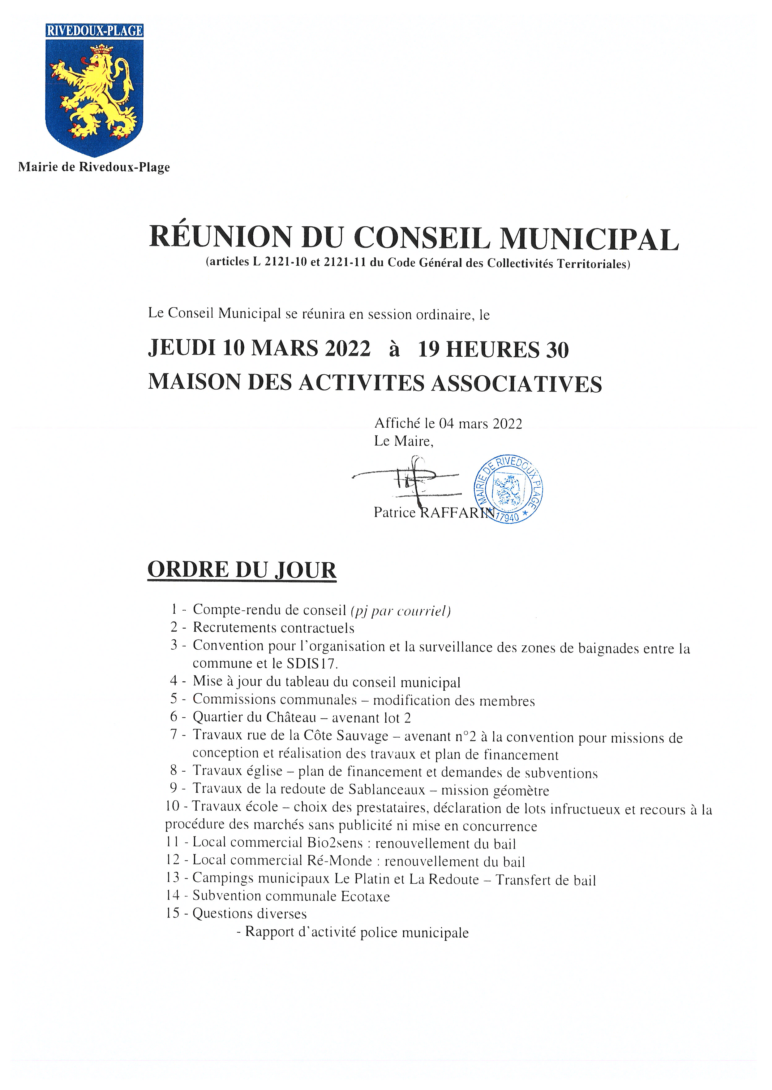 Réunions du Conseil Municipal | Mairie de Rivedoux Plage